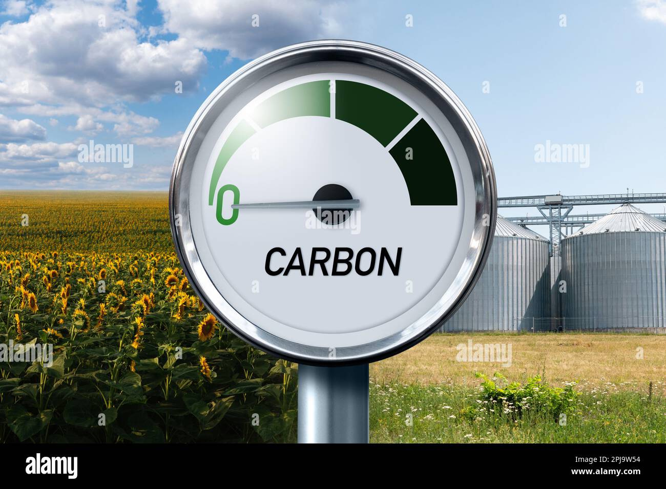 Gauge with inscription CARBON. Arrow points to zero. Agricultural field ...