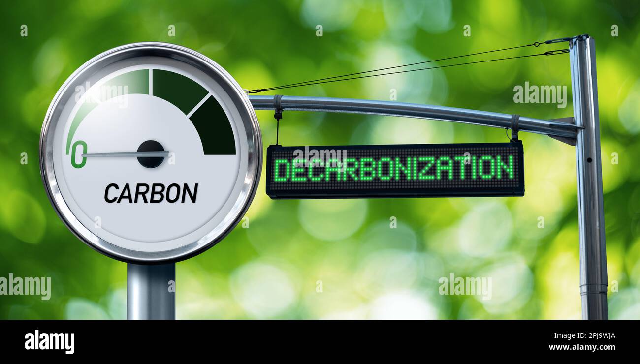 Gauge with inscription CARBON and sign board with text DECARBONIZATION ...