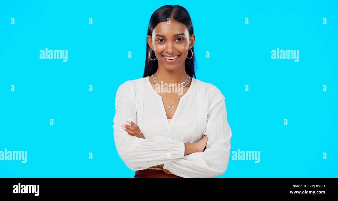 Face, proud and business woman in studio, happy and empowered against ...