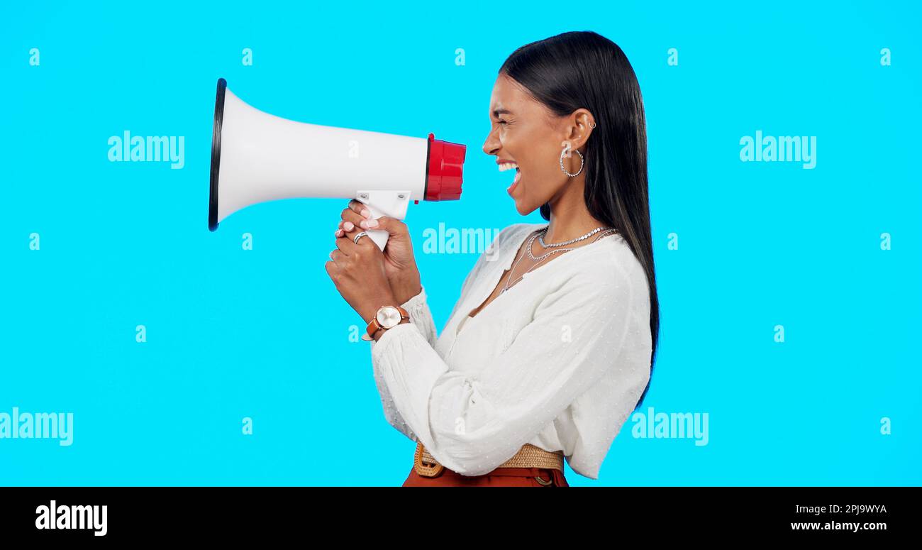 Megaphone, voice and announcement of woman isolated on blue background ...