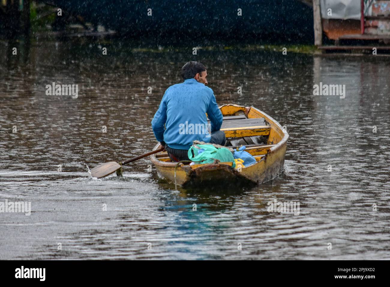 Srinagar, India. 01st Apr, 2023. A boatman rows his boat across the Dal ...