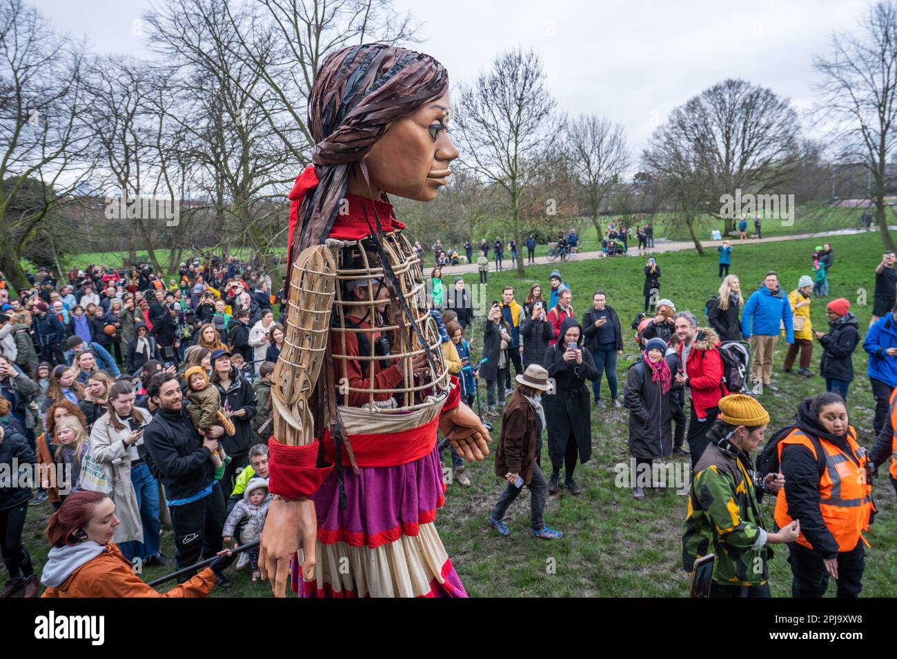 London UK 1 April 2023. Little Amal a 3.5m animatronic giant puppet of ...