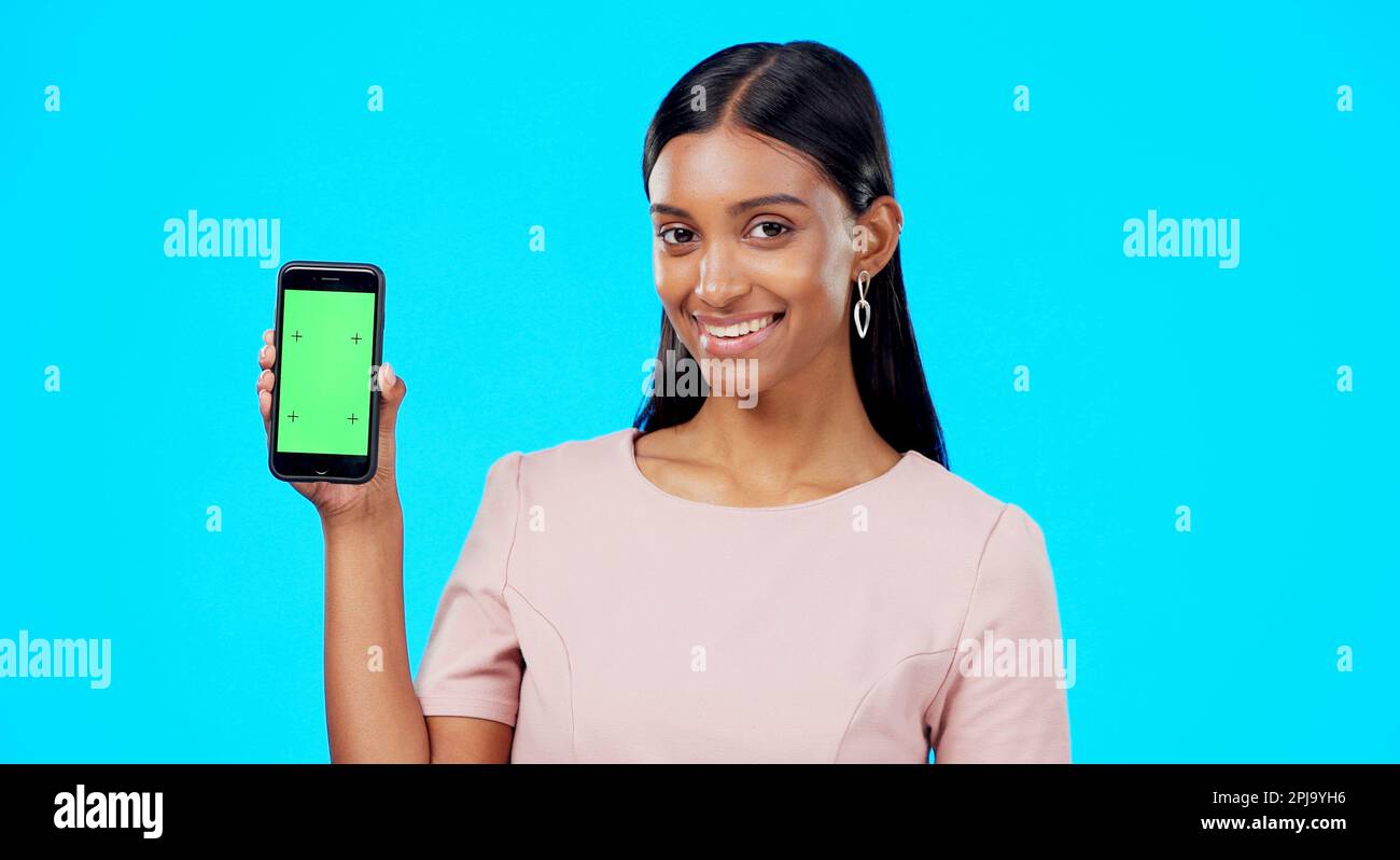 Chroma key, green screen and woman holding phone with mockup for logo ...