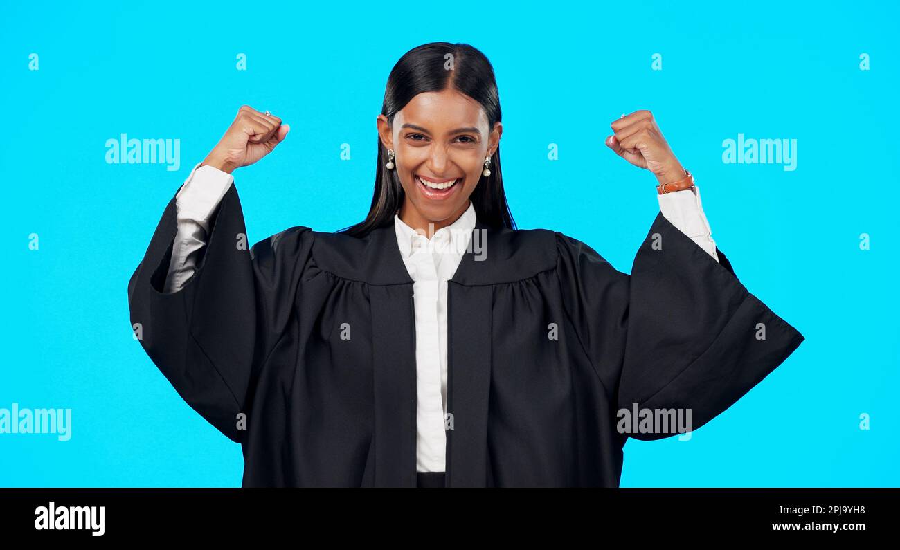 Woman, bicep muscle celebration and studio with excited face for legal ...