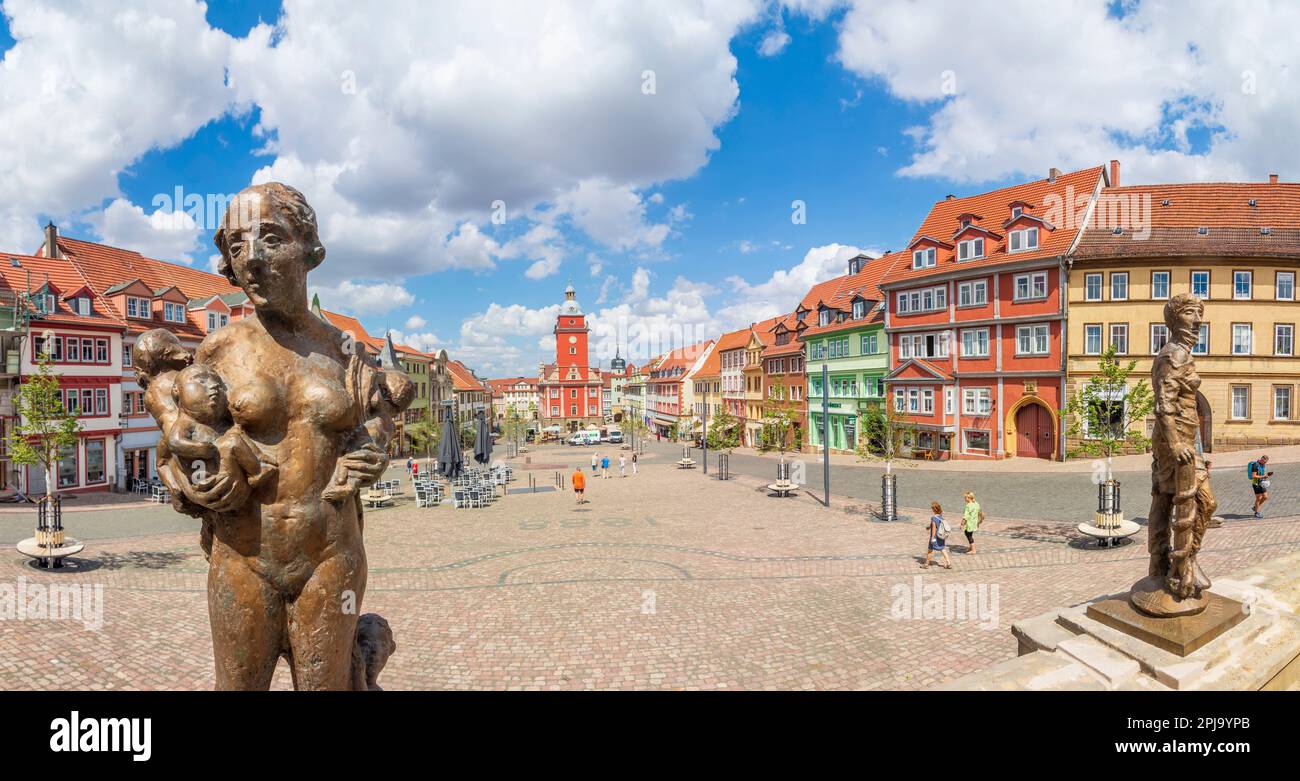 Gotha: square Hauptmarkt, Old Town Hall, on the balustrade of the horse ...