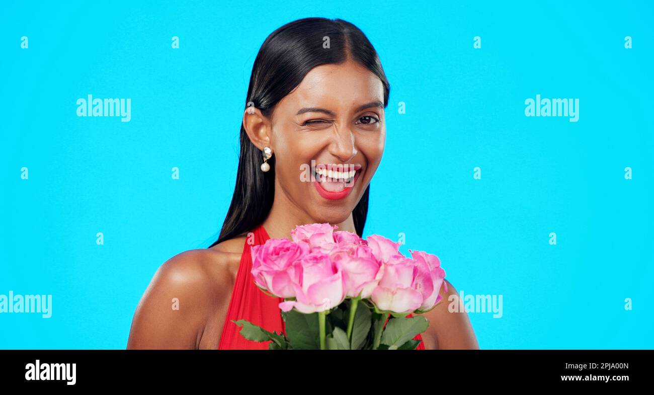 Flower bouquet, smile and beauty woman wink with nature gift ...