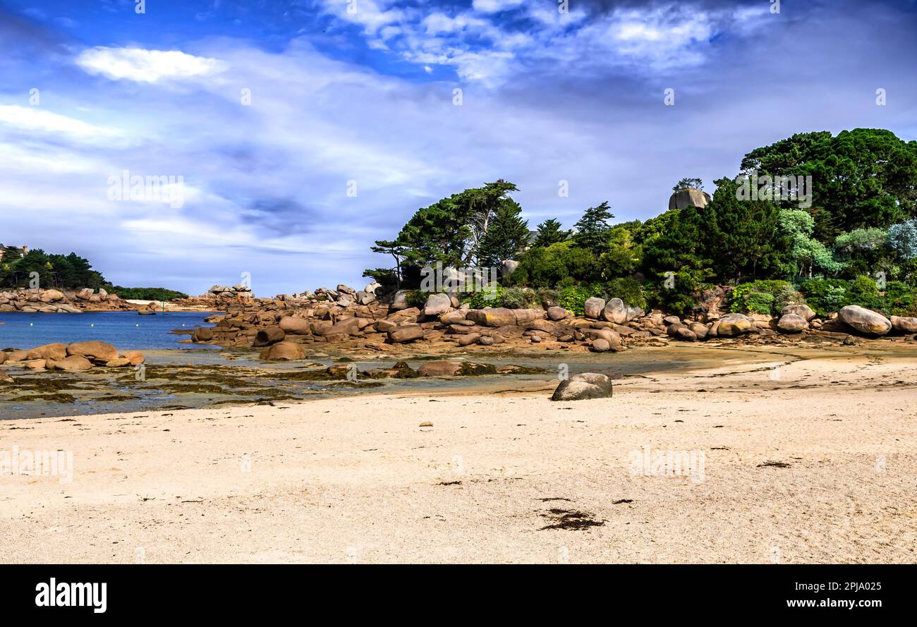 Sandy Beach And Pink Granit Boulders At The Atlantic Coast Of ...