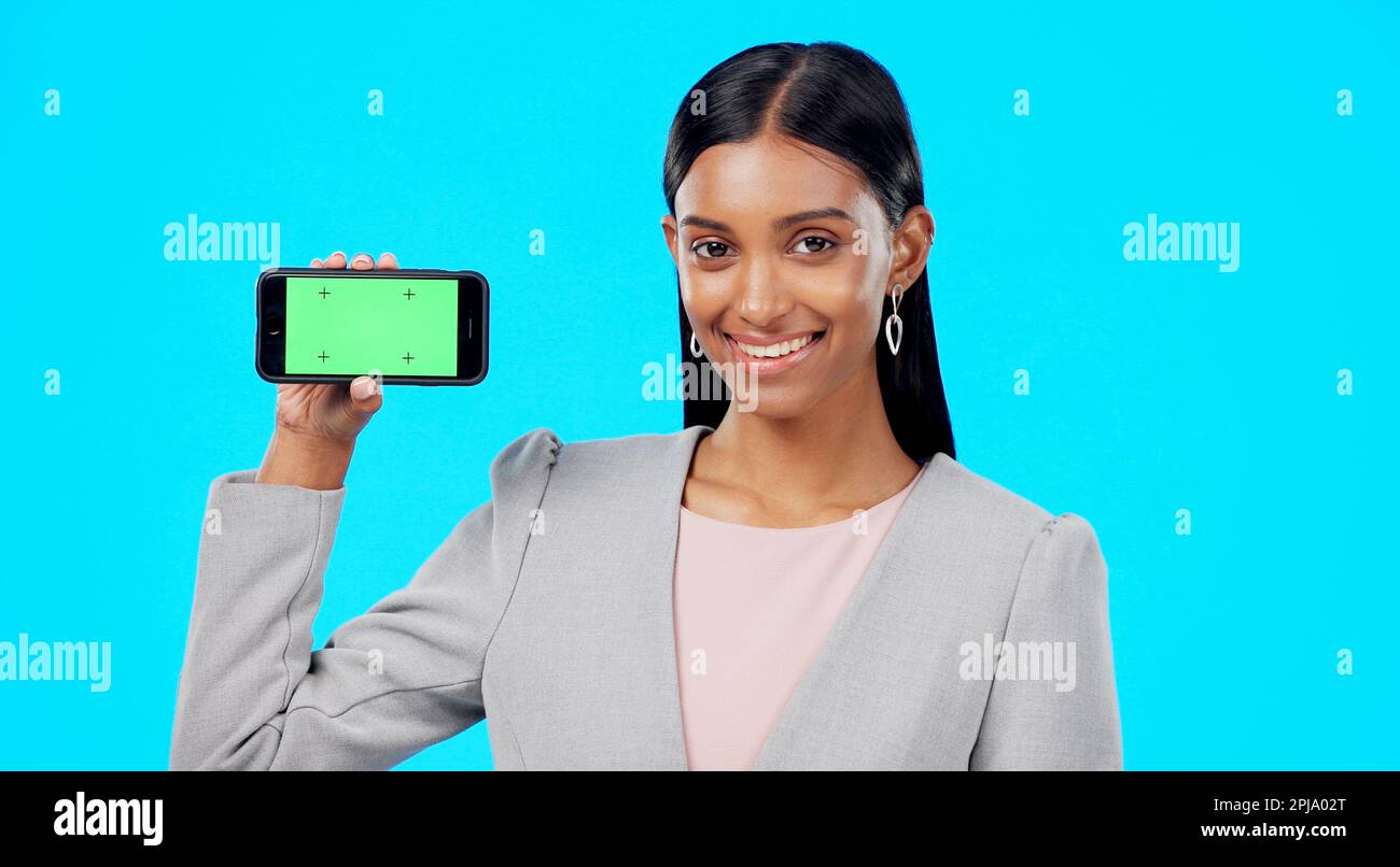Chroma key, green screen and businesswoman holding phone for product ...