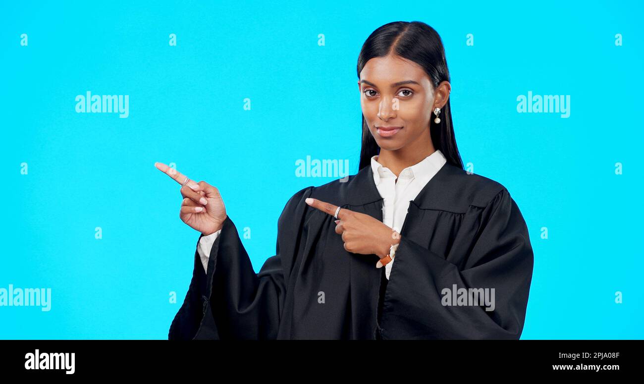 Portrait mockup or woman lawyer pointing in studio for product ...