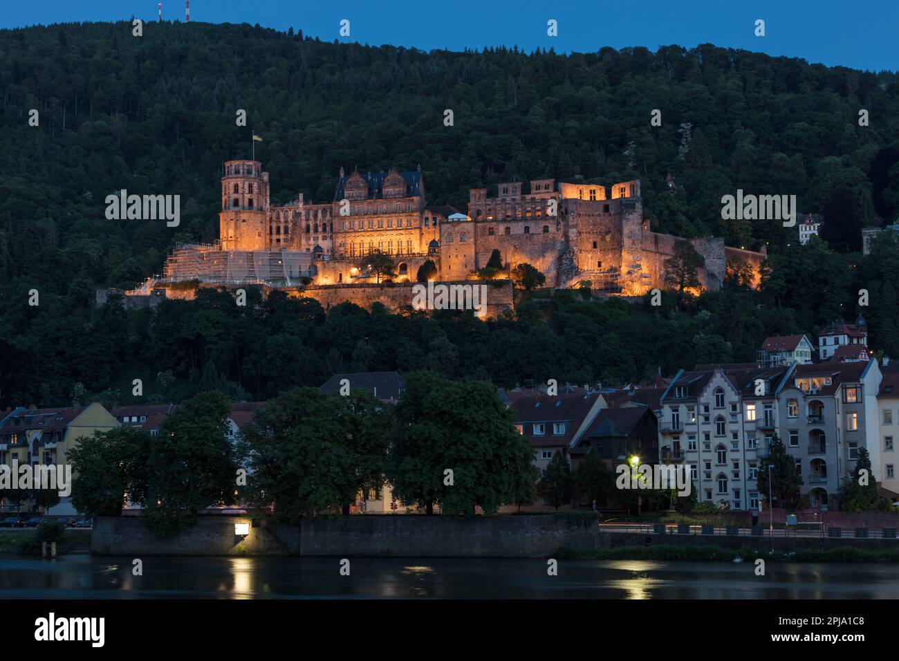 Night at Heidelberg Castle on Konigstuhl hillside a renaissance, gothic ...
