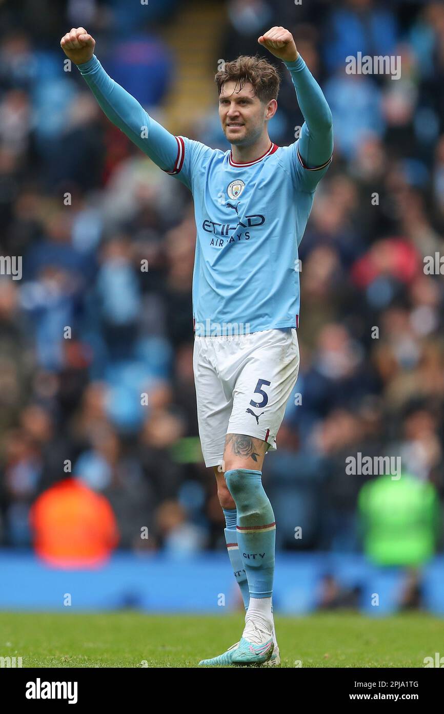 John Stones #5 of Manchester City celebrates his teams win after the ...