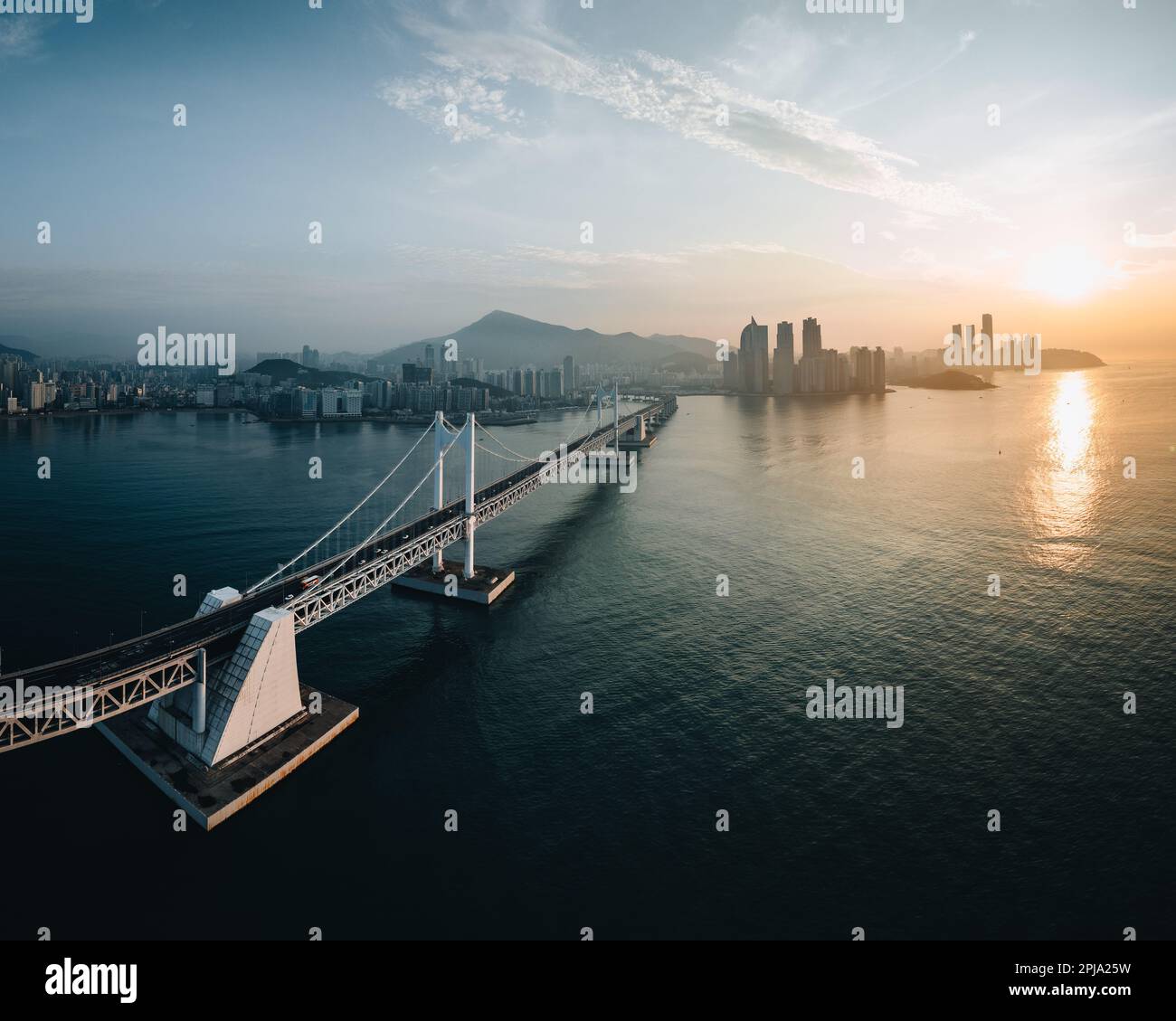 Aerial Drone View of sunrise or Sunset at Haeundae Sea, Gwangandaegyo ...