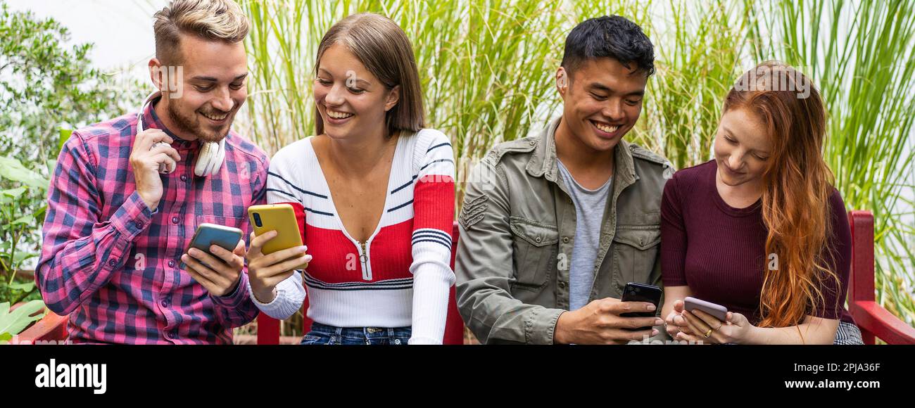 Horizontal banner or header with multicultural friends having fun ...