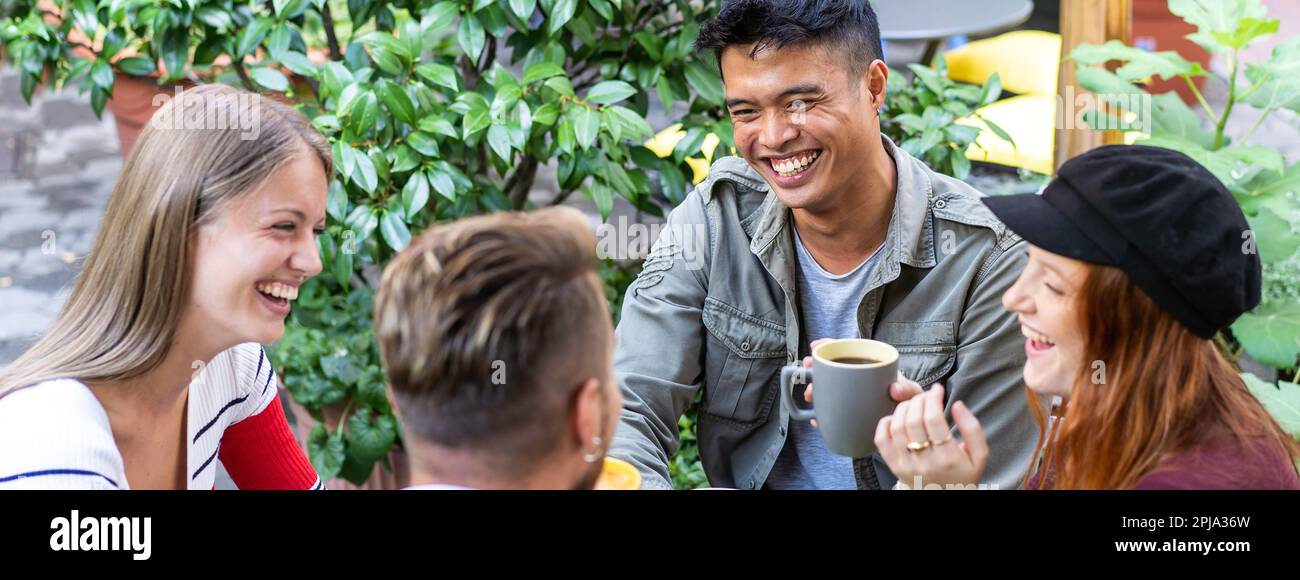 Horizontal banner or header with people group drinking american coffee ...