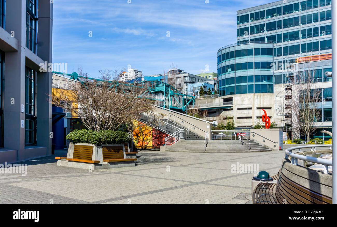 Stairs lead to a walking bridge on the waterfront in Seattle ...