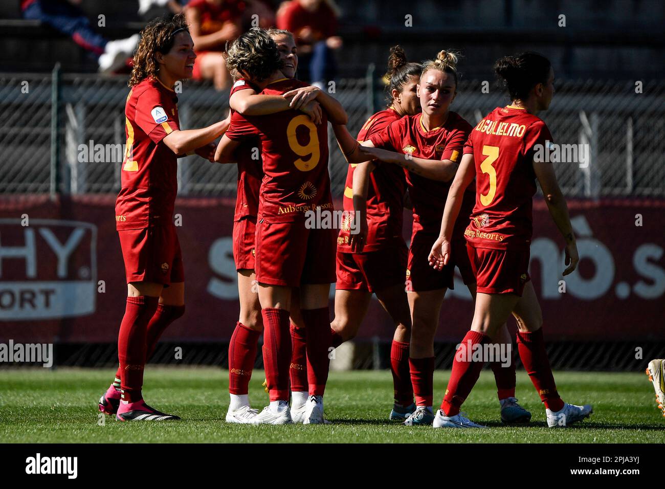 Rome, Italy. 01st Apr, 2023. AS Roma players celebrate after Emilie ...