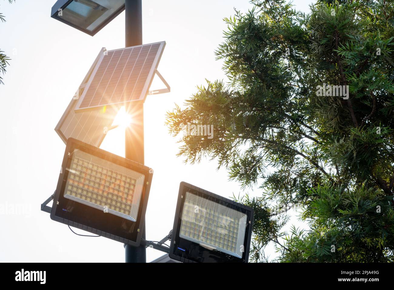 Solar Light. Public city light with solar panel powered on blue sky ...