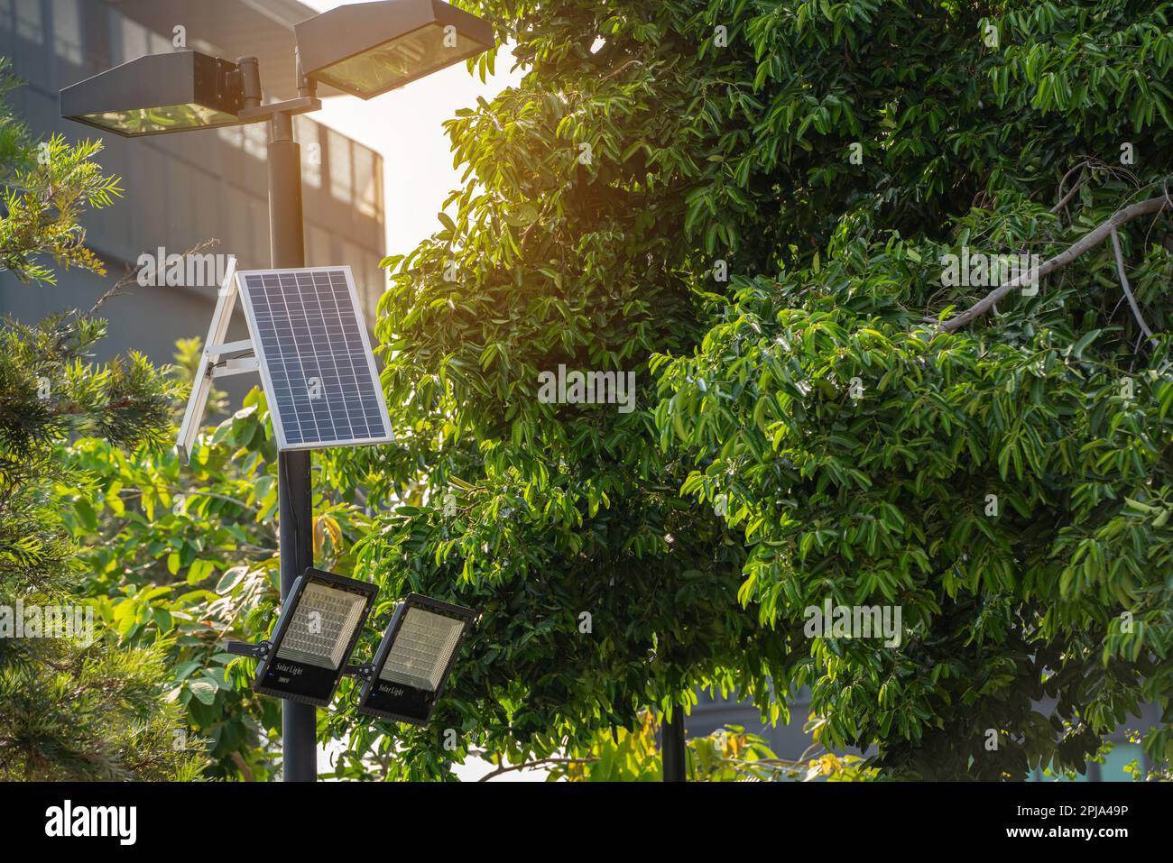 Solar Light. Public city light with solar panel powered on blue sky ...