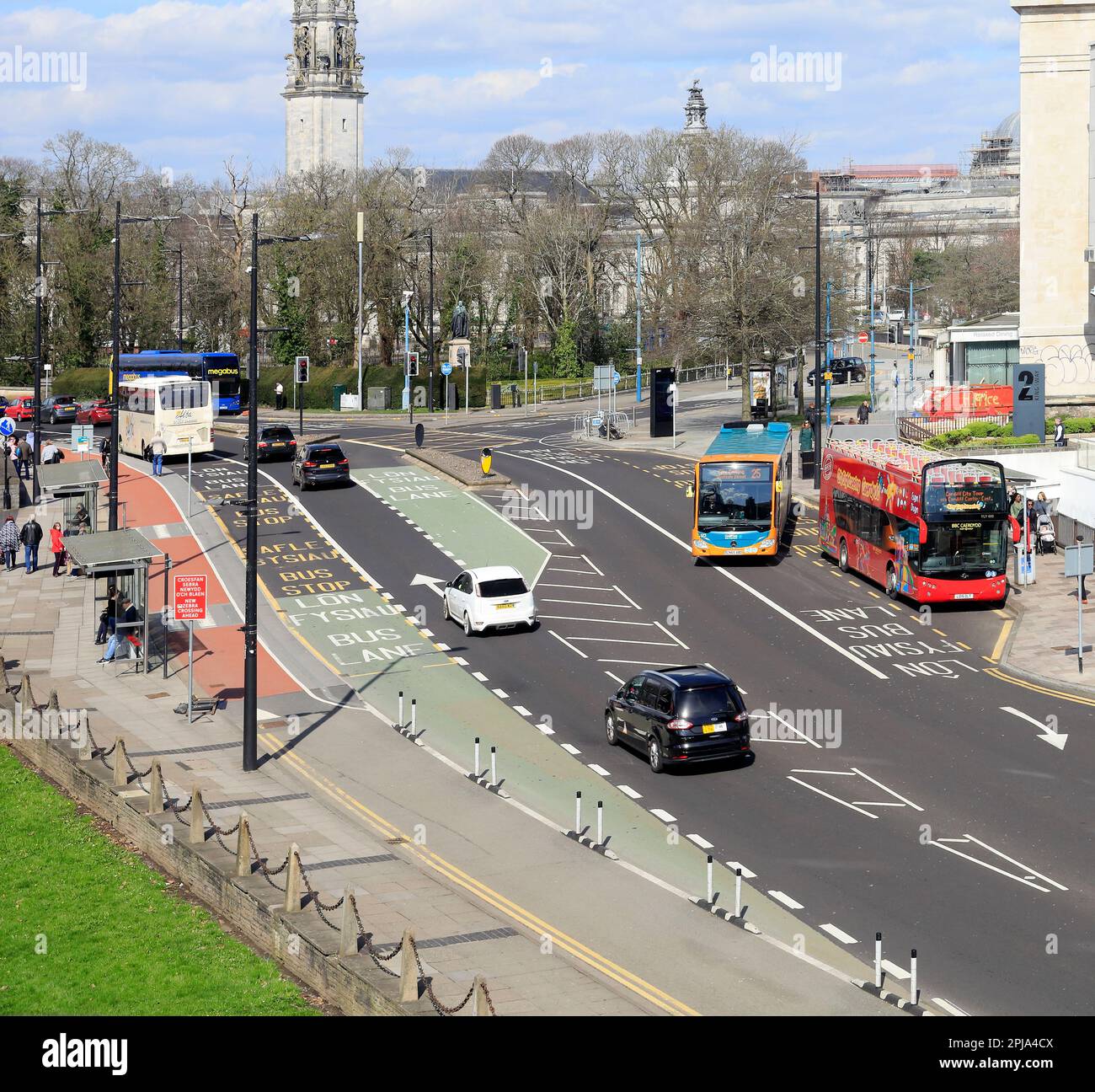 Kingsway, Cardiff. Street scene with traffic markings and bus lanes ...
