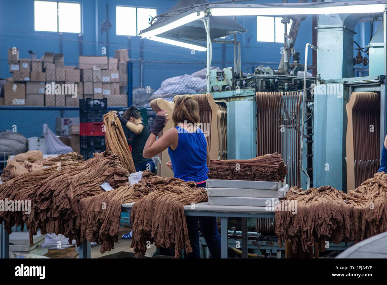 production of capron tights. Textile factory with machines and ...