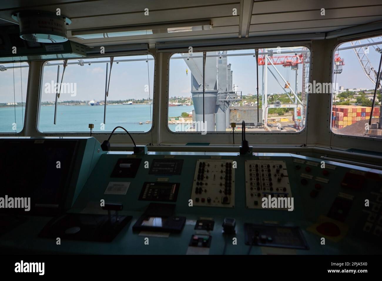 View from bulk carrier's captain's bridge to bulk cargo berth. View of ...