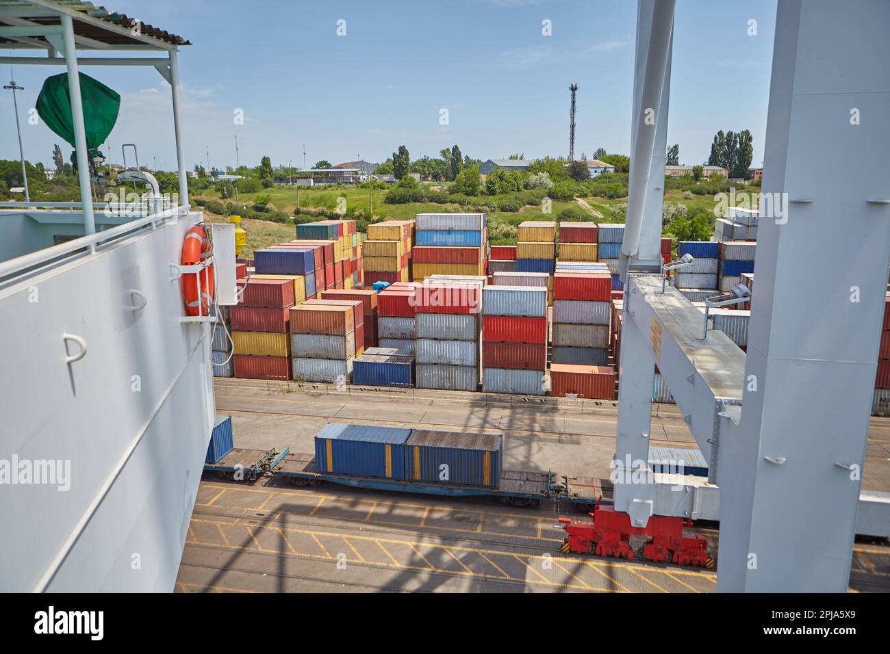 View from bulk carrier's captain's bridge to bulk cargo berth. View of ...