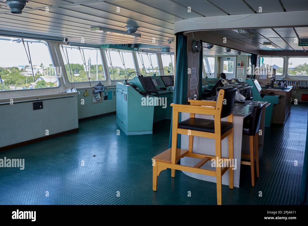 Captain's bridge on the ship. Navigation equipment. Ship control ...