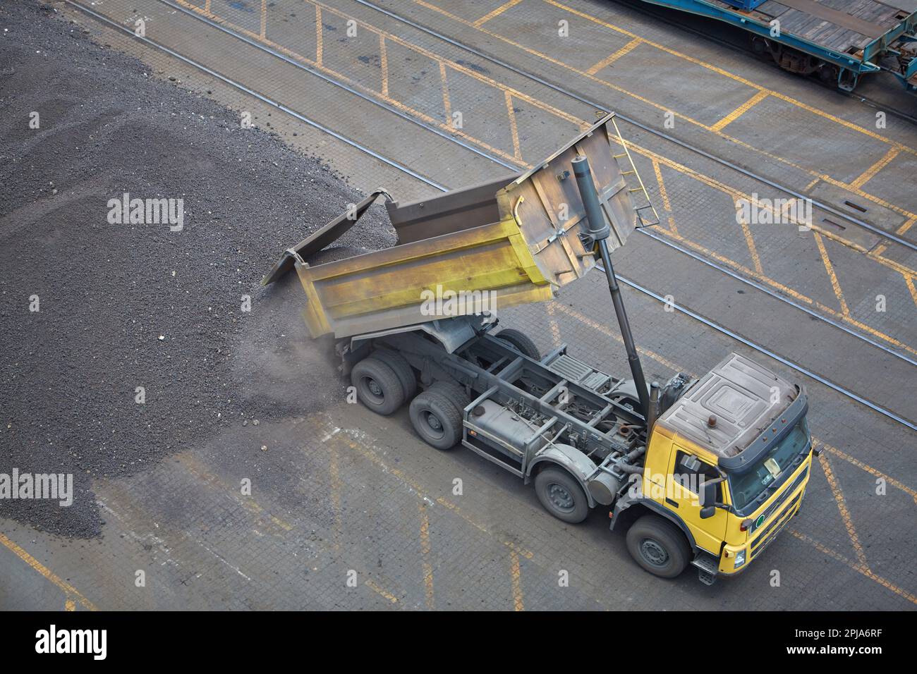 Operations with coal in seaport. Loading coal on bulk carrier. Coal ...