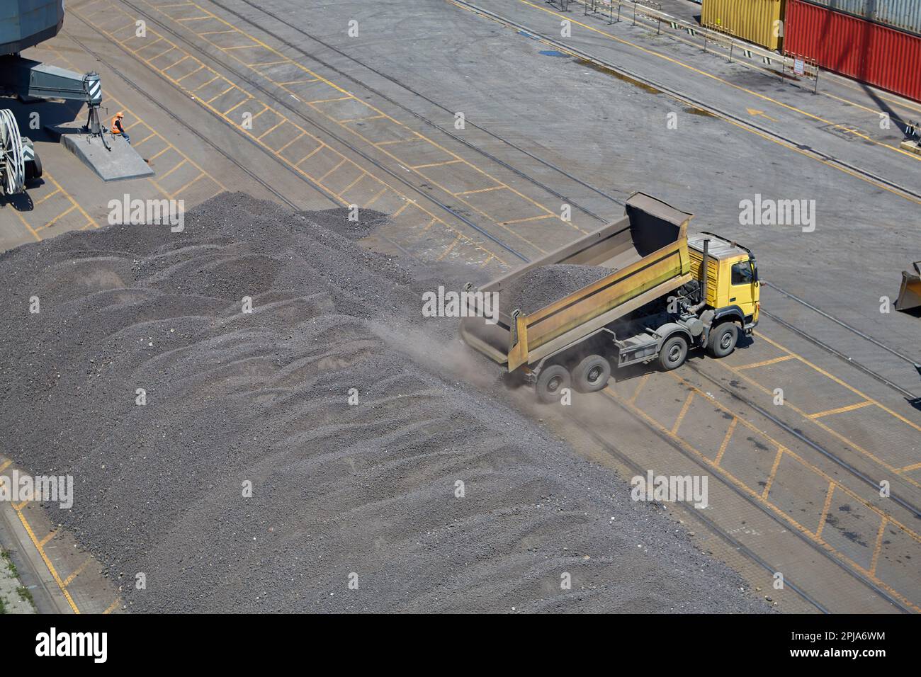 Operations with coal in seaport. Loading coal on bulk carrier. Coal ...