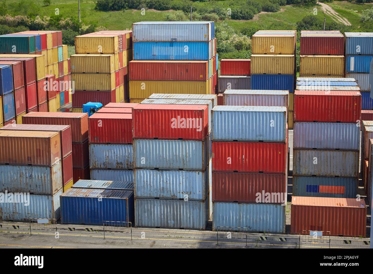industrial port with containers. Stacks of containers at the port ...