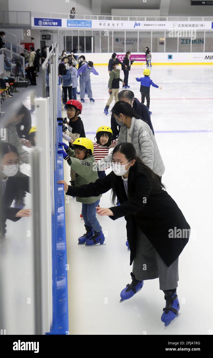 Visitors enjoy skating at the newly renovated Ovision Ice Arena Fukuoka ...