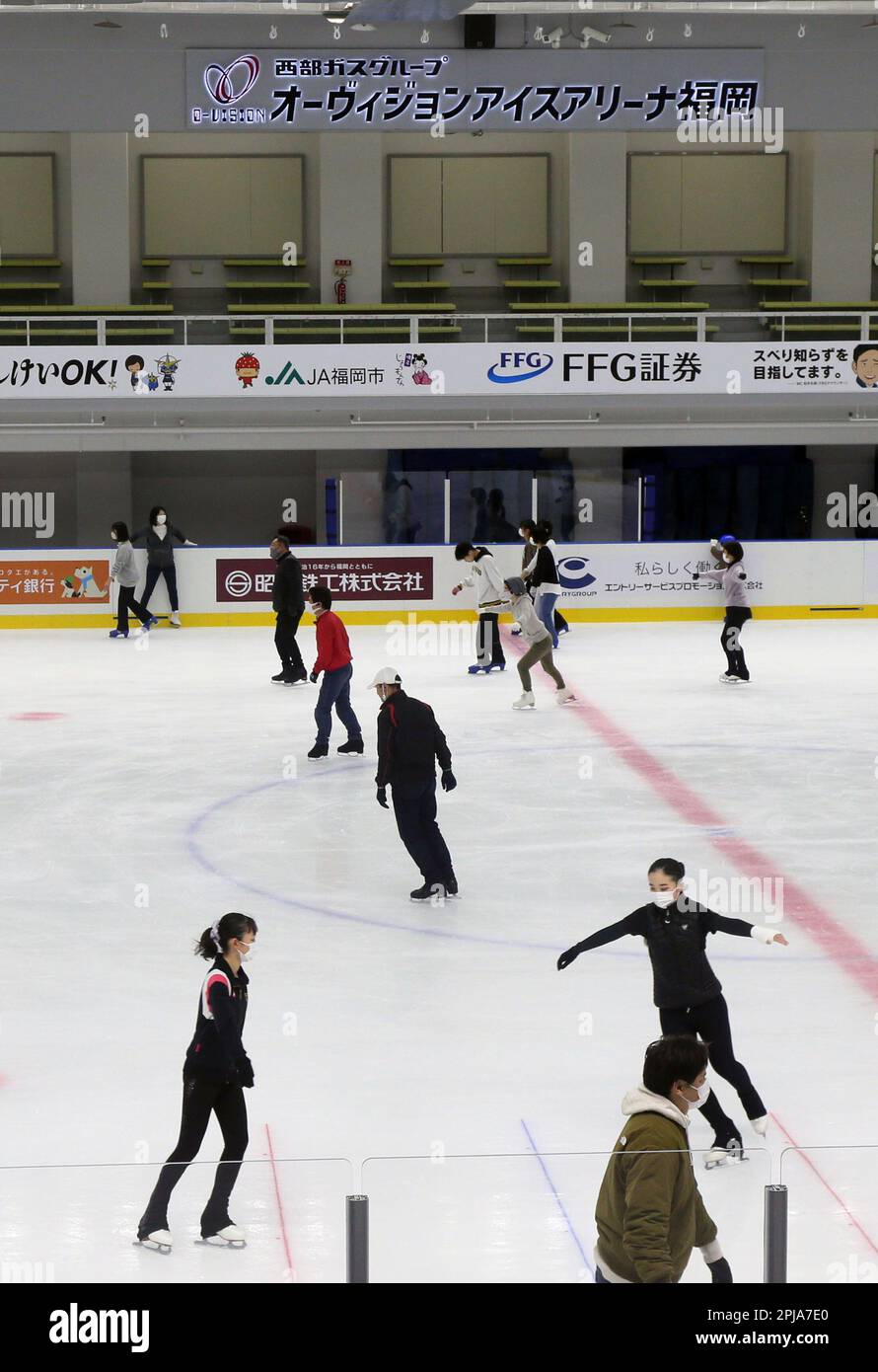 Visitors enjoy skating at the newly renovated Ovision Ice Arena Fukuoka ...
