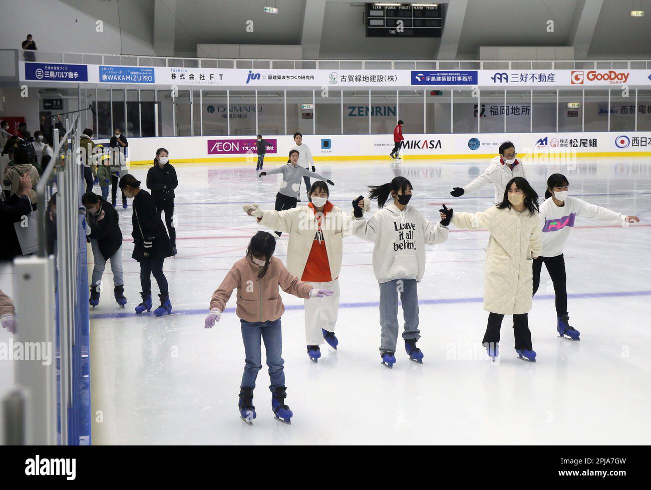 Visitors enjoy skating at the newly renovated Ovision Ice Arena Fukuoka ...