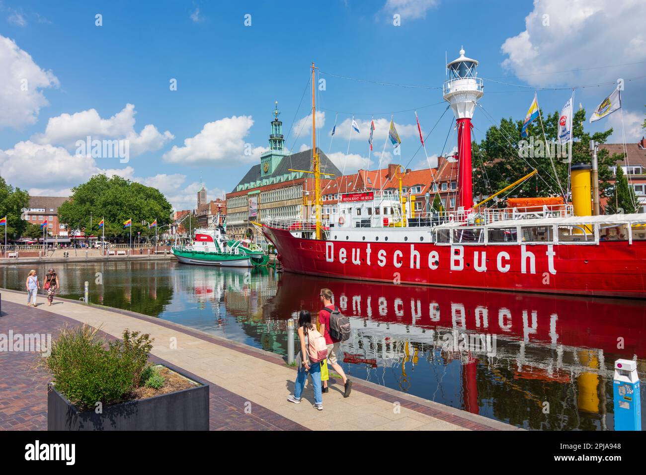 Emden: harbor Ratsdelft, Town Hall, ship lightship Amrumbank in ...