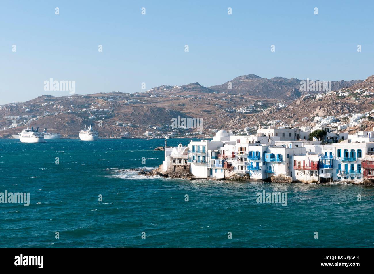 Panoramic view of the village of Chora on the Greek island of Mykonos ...