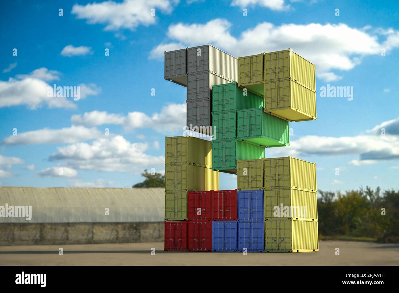 Playing Tetris with cargo containers. Trade and transportation concept ...
