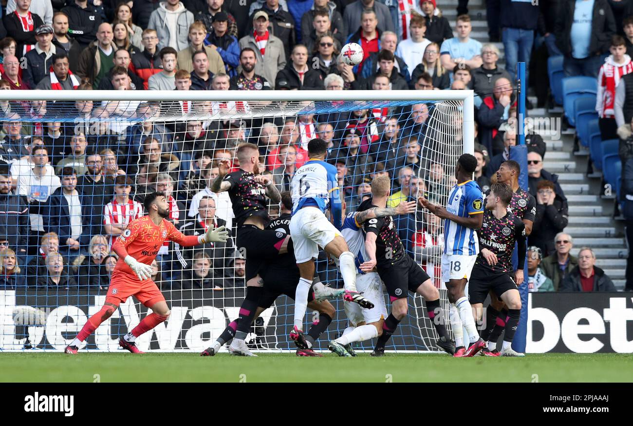 Brighton and Hove Albion's Levi Colwill attempts a header at goal ...
