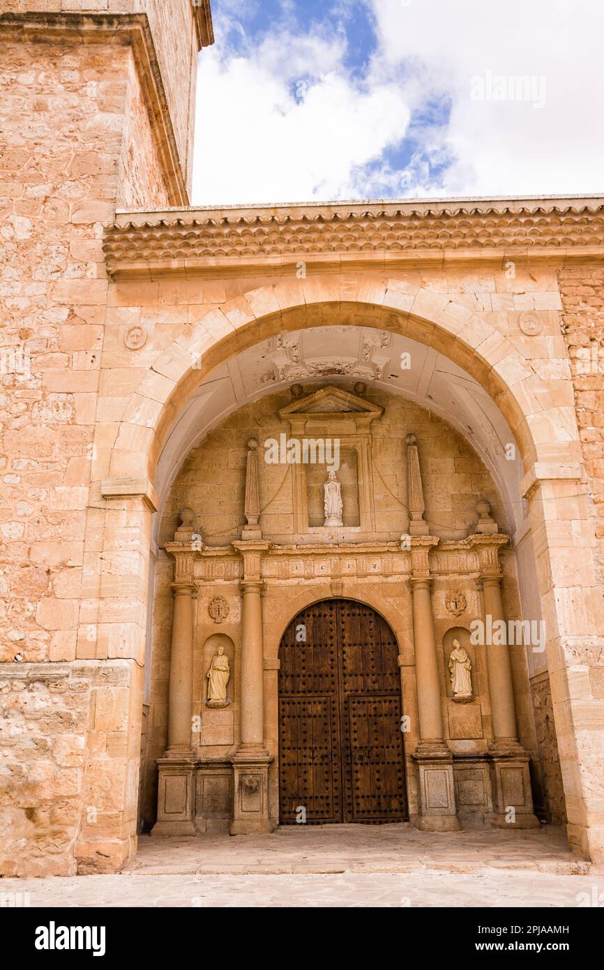 Entrance door of the main church in the small town of El Toboso (Spain ...