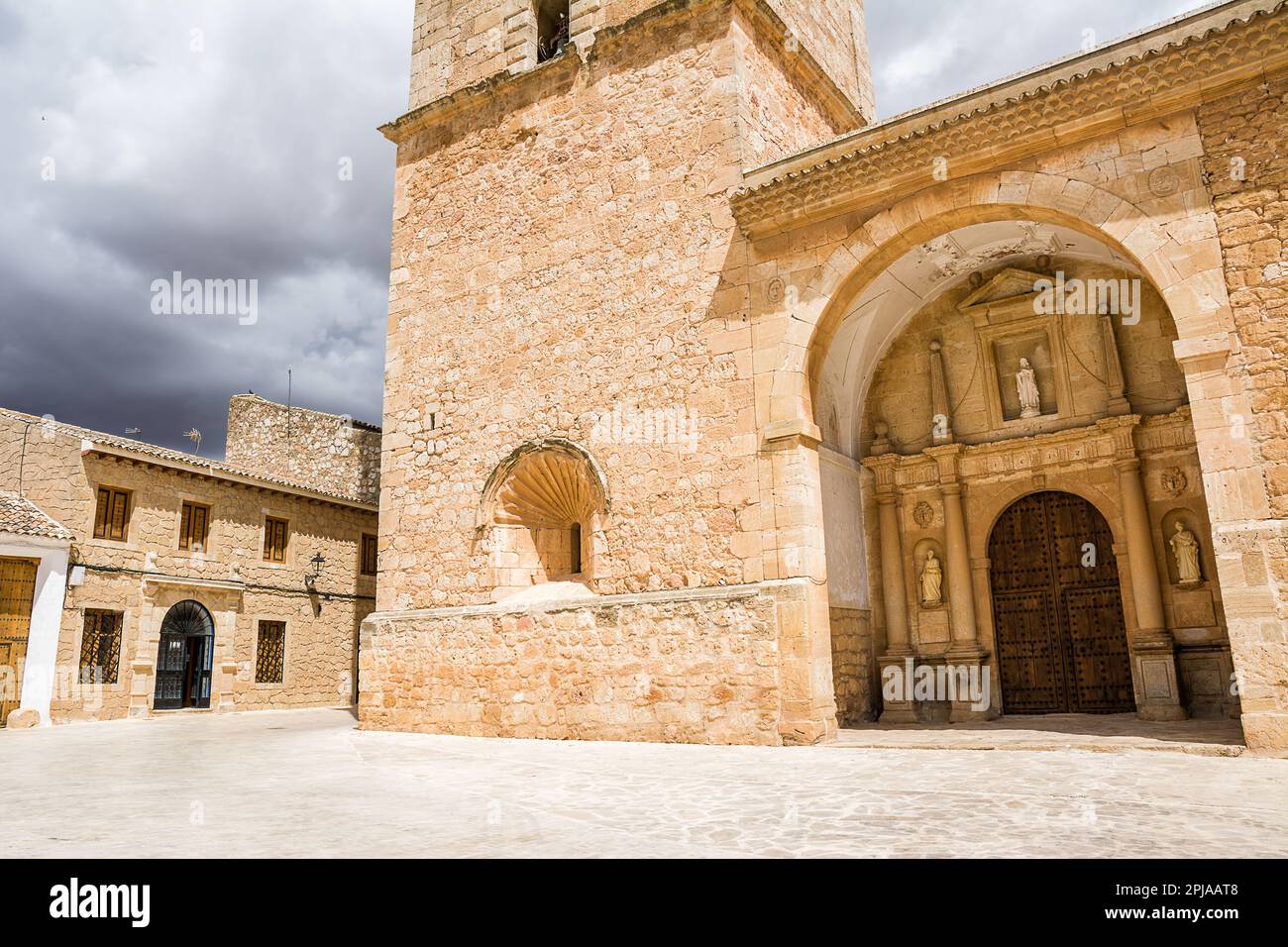 Entrance door of the main church in the small town of El Toboso (Spain ...