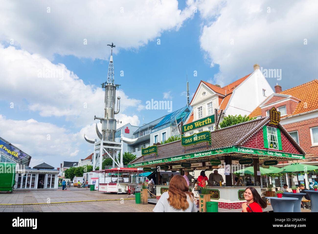 Aurich: square Marktplatz, Sous Tower, food stalls at city festival in ...