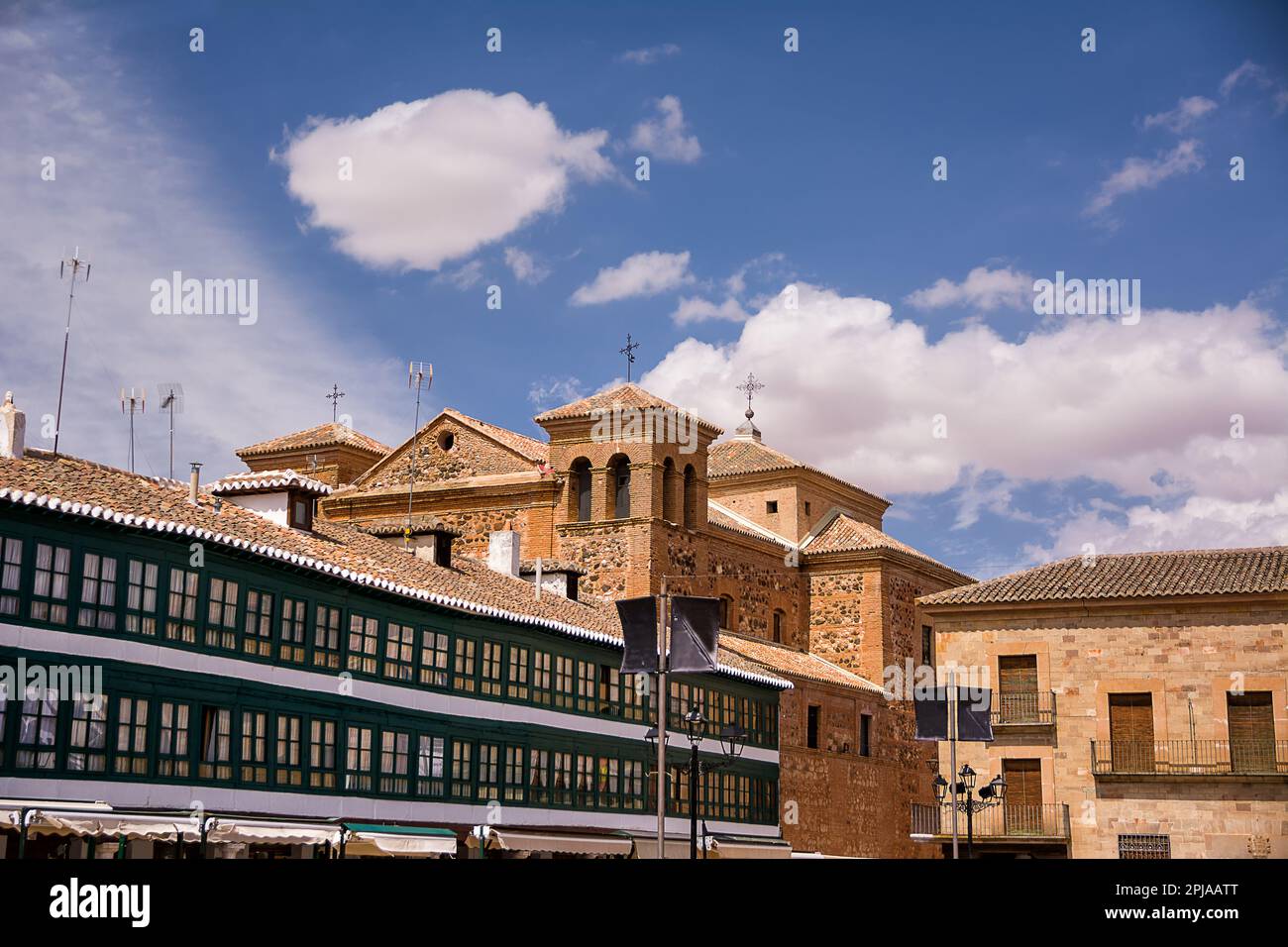 Closed balconies (Galleries) in the main square of Almagro (Spain Stock ...