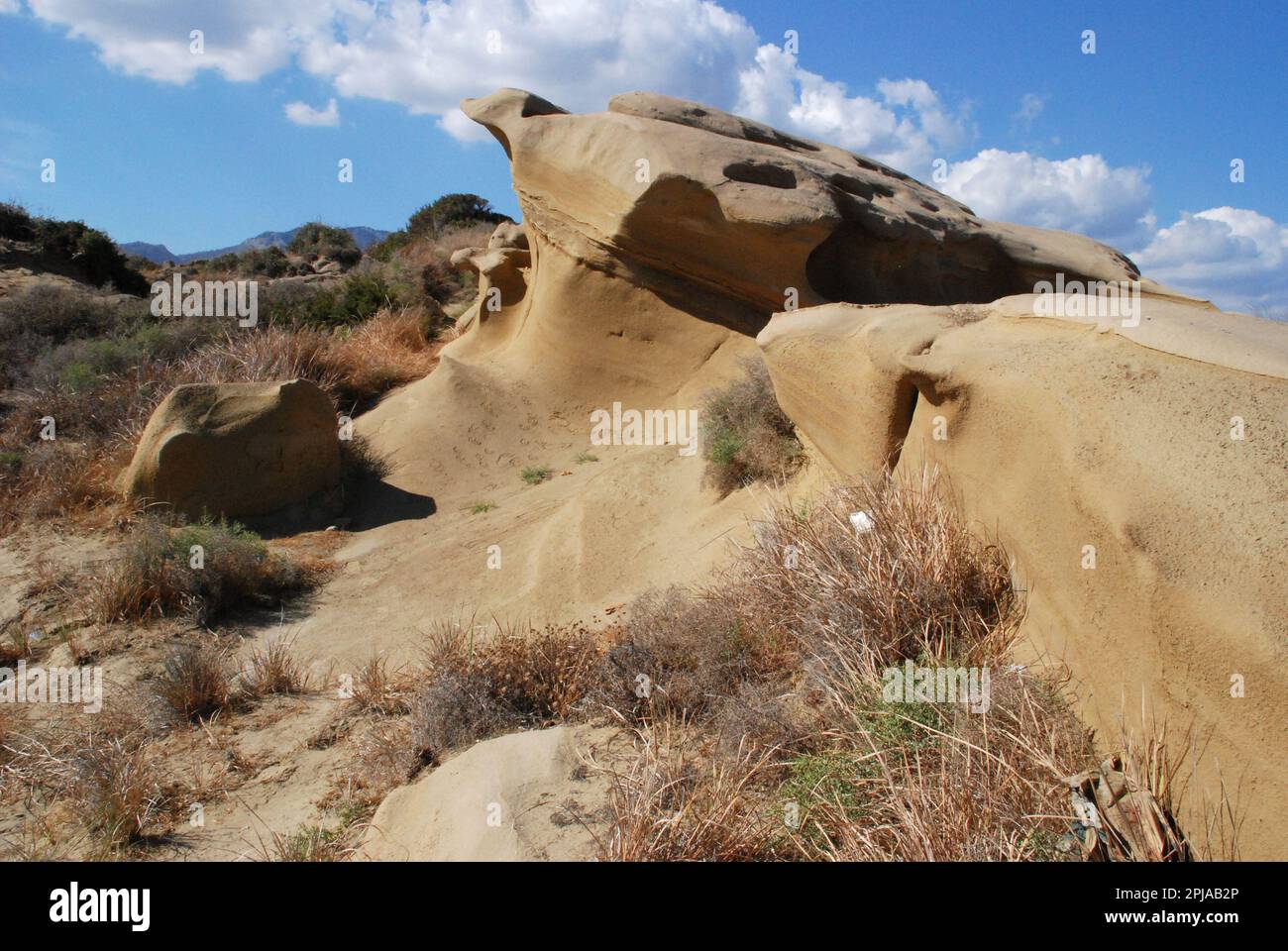 Sculpted sandstone rocks on the north coast of North Cyprus east of ...