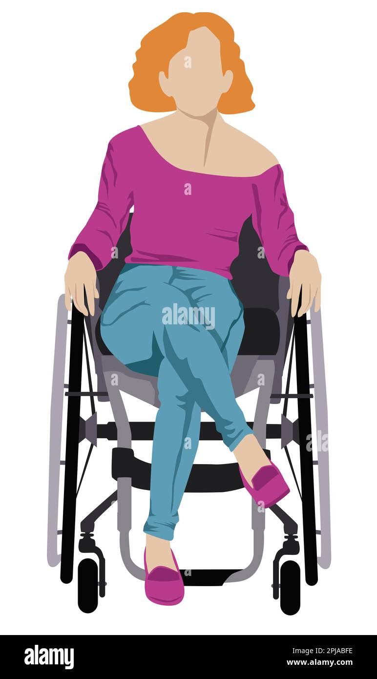 A disabled woman with a pink sweater and jeans in her wheelchair with a ...