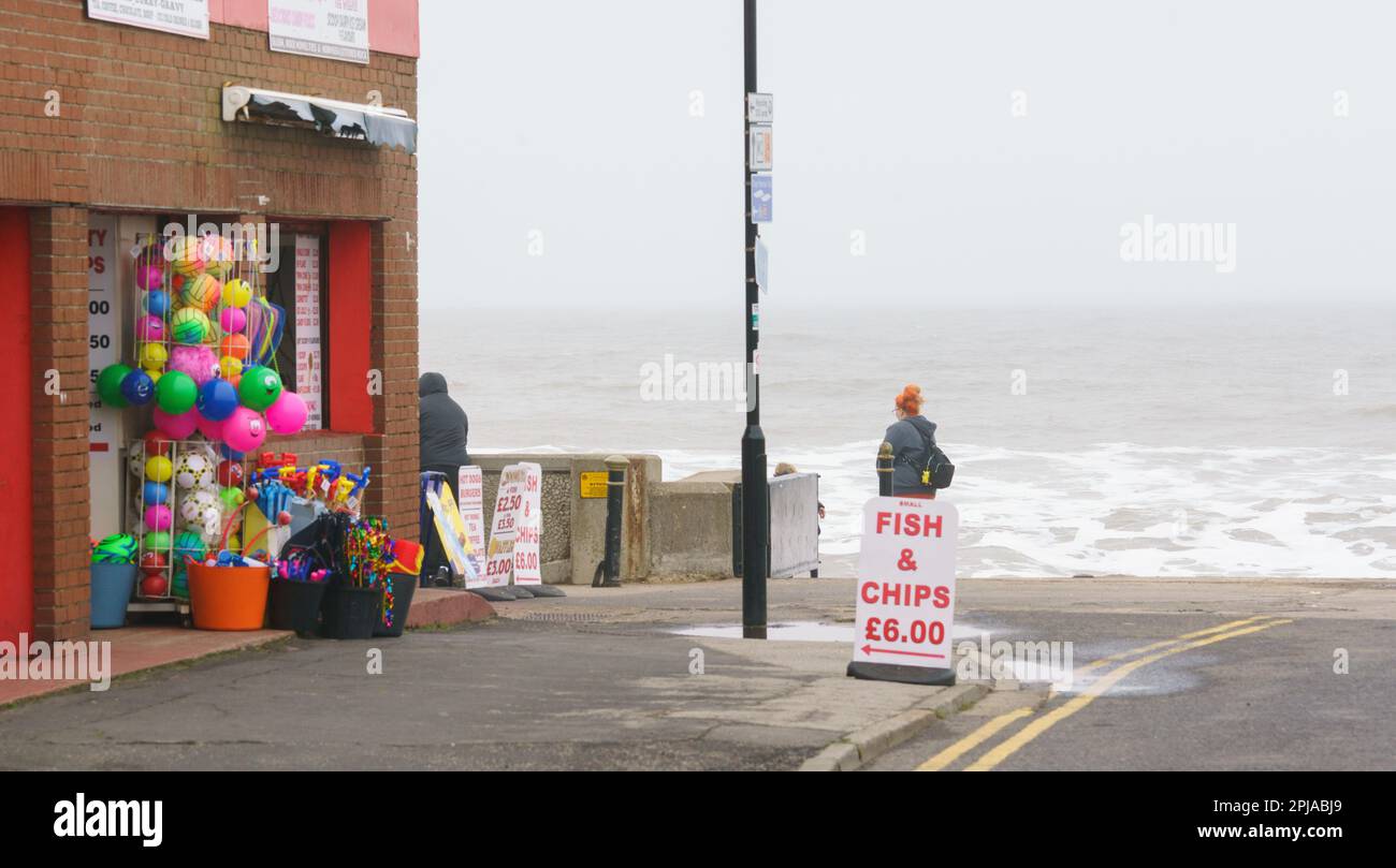April 1st 2023. Hornsea, E.Yorkshire. A blustery and misty afternoon ...