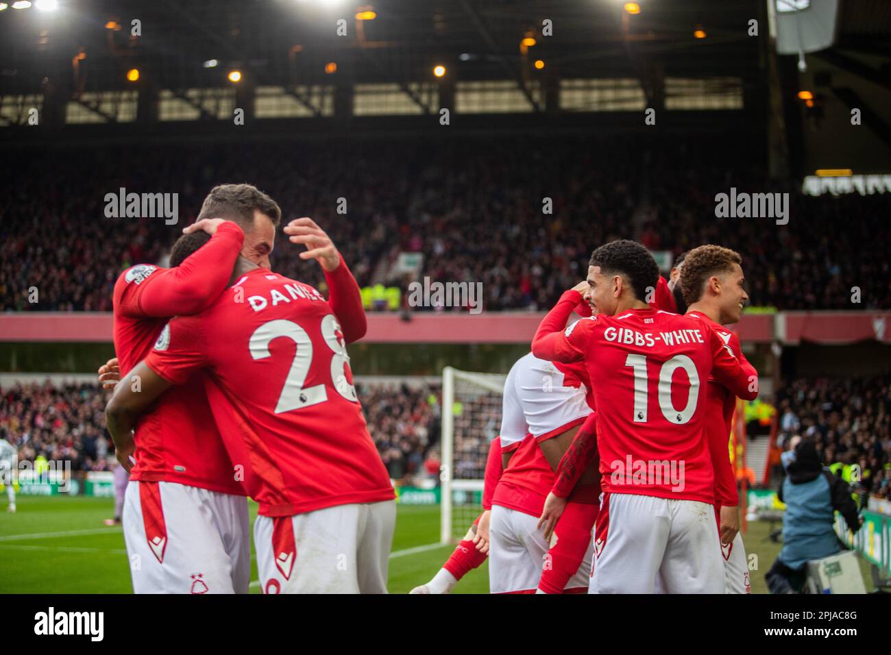 Forest celebrate going ahead after Brennan Johnson #20 of Nottingham ...