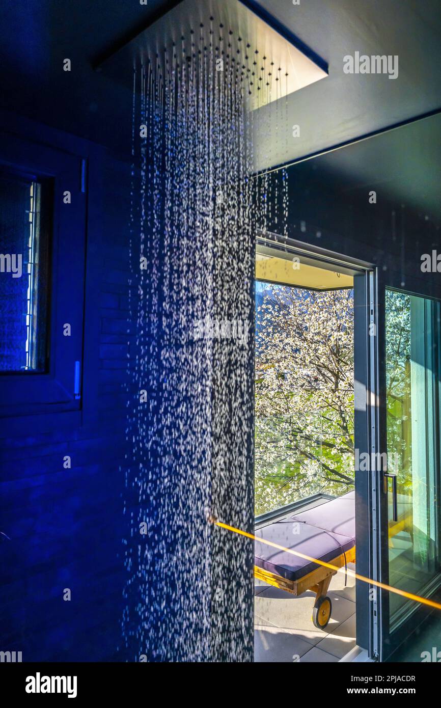 Shower with Panoramic View over a Cherry Tree with Flowers in a Sunny ...