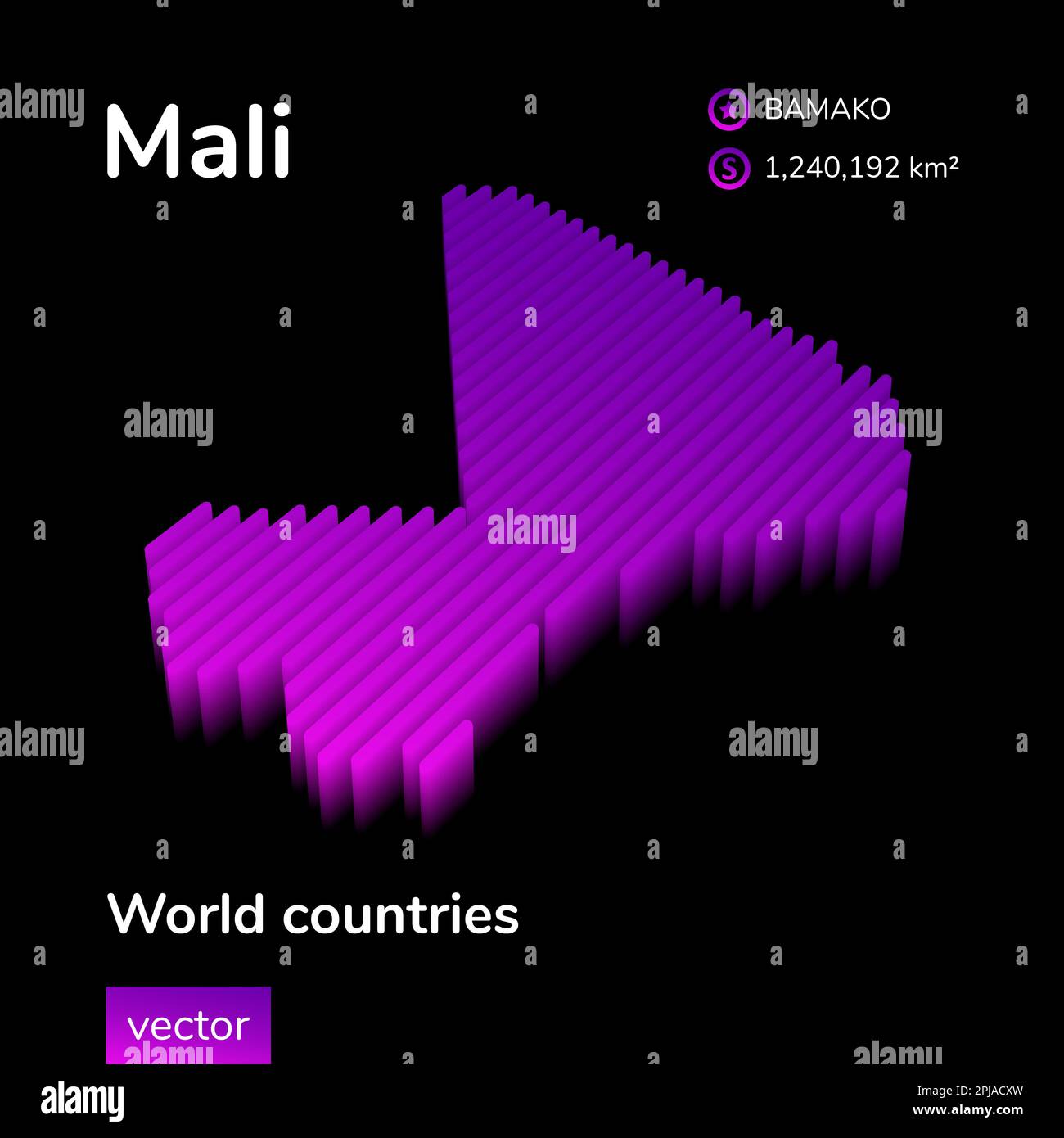 Mali 3D map in violet colors on black background. Stylized map icon of ...