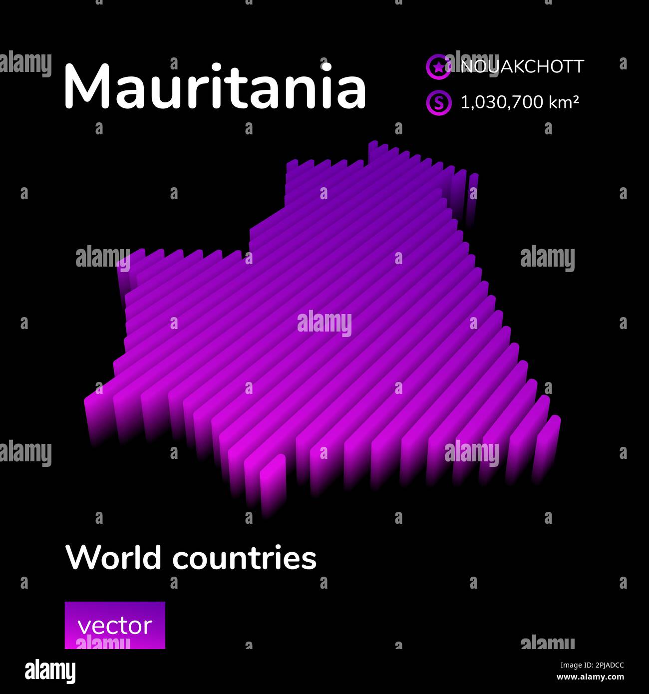 Mauritania 3D map. Stylized isometric neon striped vector map. Map of ...