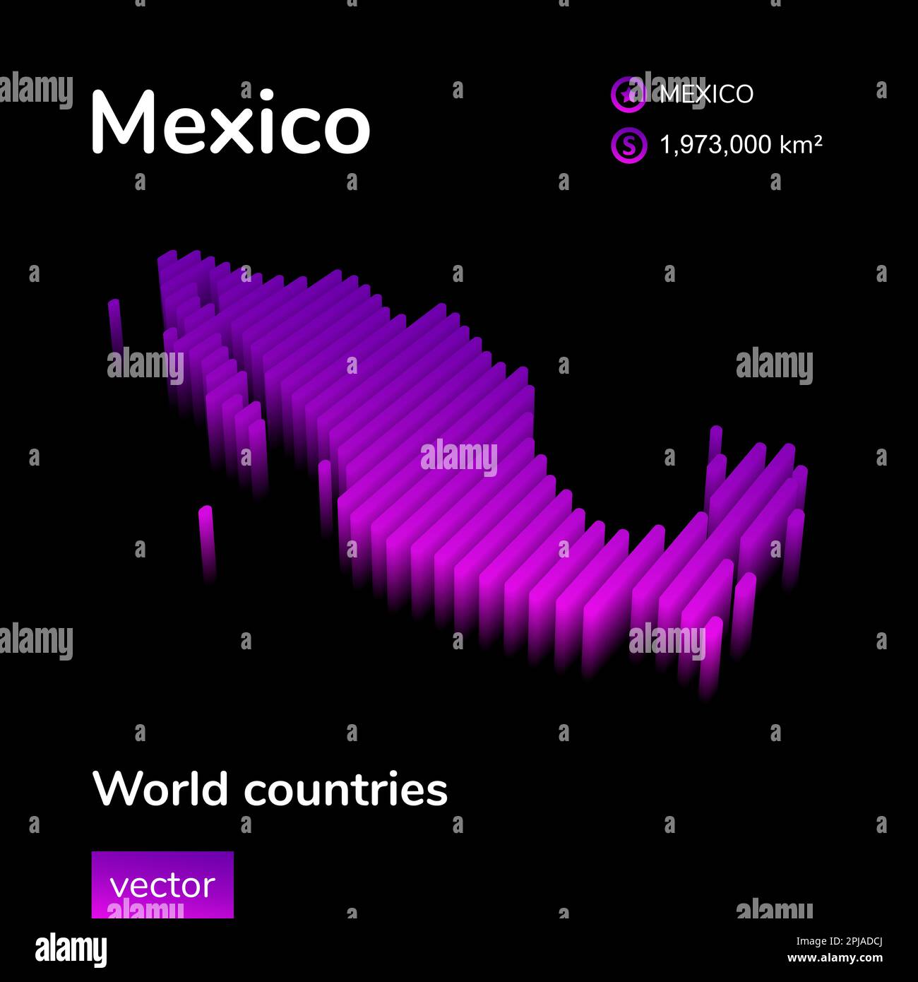Mexico 3D map. Stylized neon digital isometric striped vector Map in ...