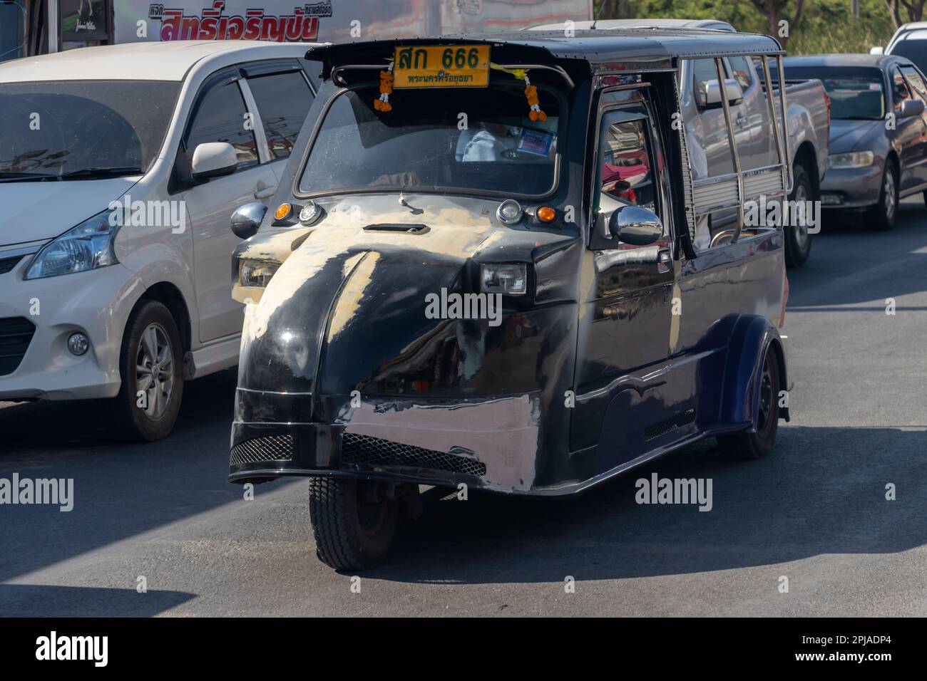 Ayutthaya, THAILAND, JAN 21 2023, A traditional taxi tricycle (tuk tuk ...